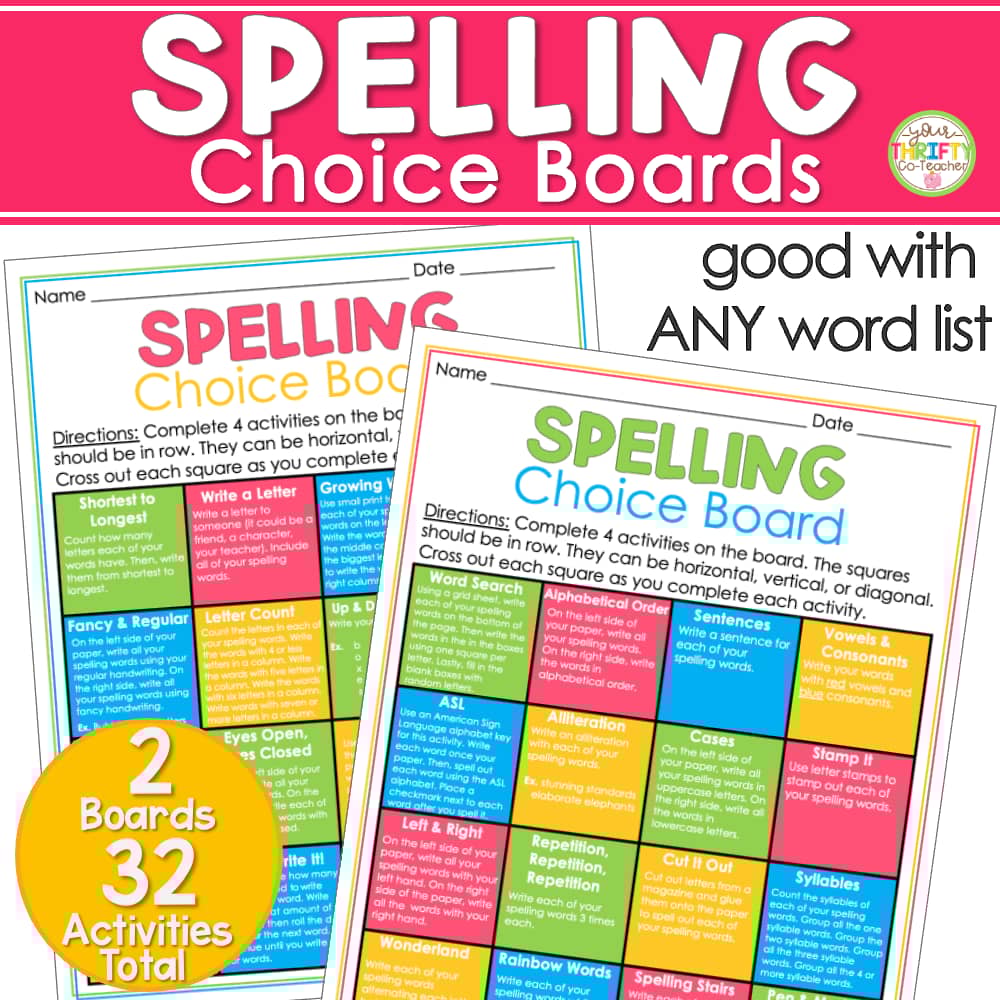 Spelling Choice Boards on TPT