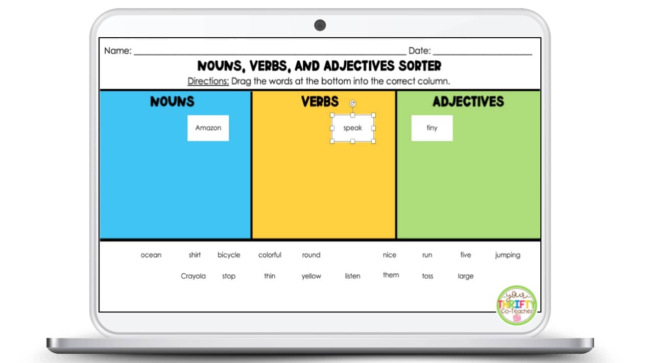 Nouns Verbs Adjectives Anchor Charts and Activities - Your Thrifty Co ...