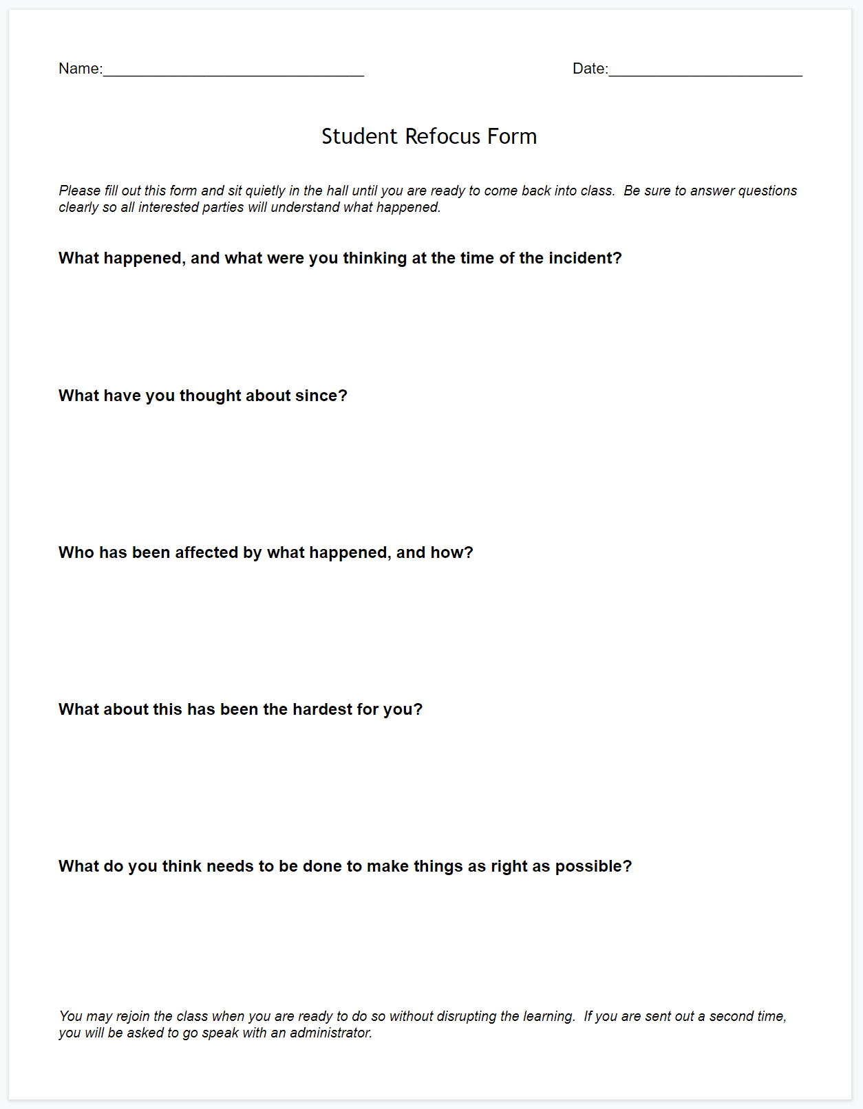 Student Refocus Form for Classroom Management