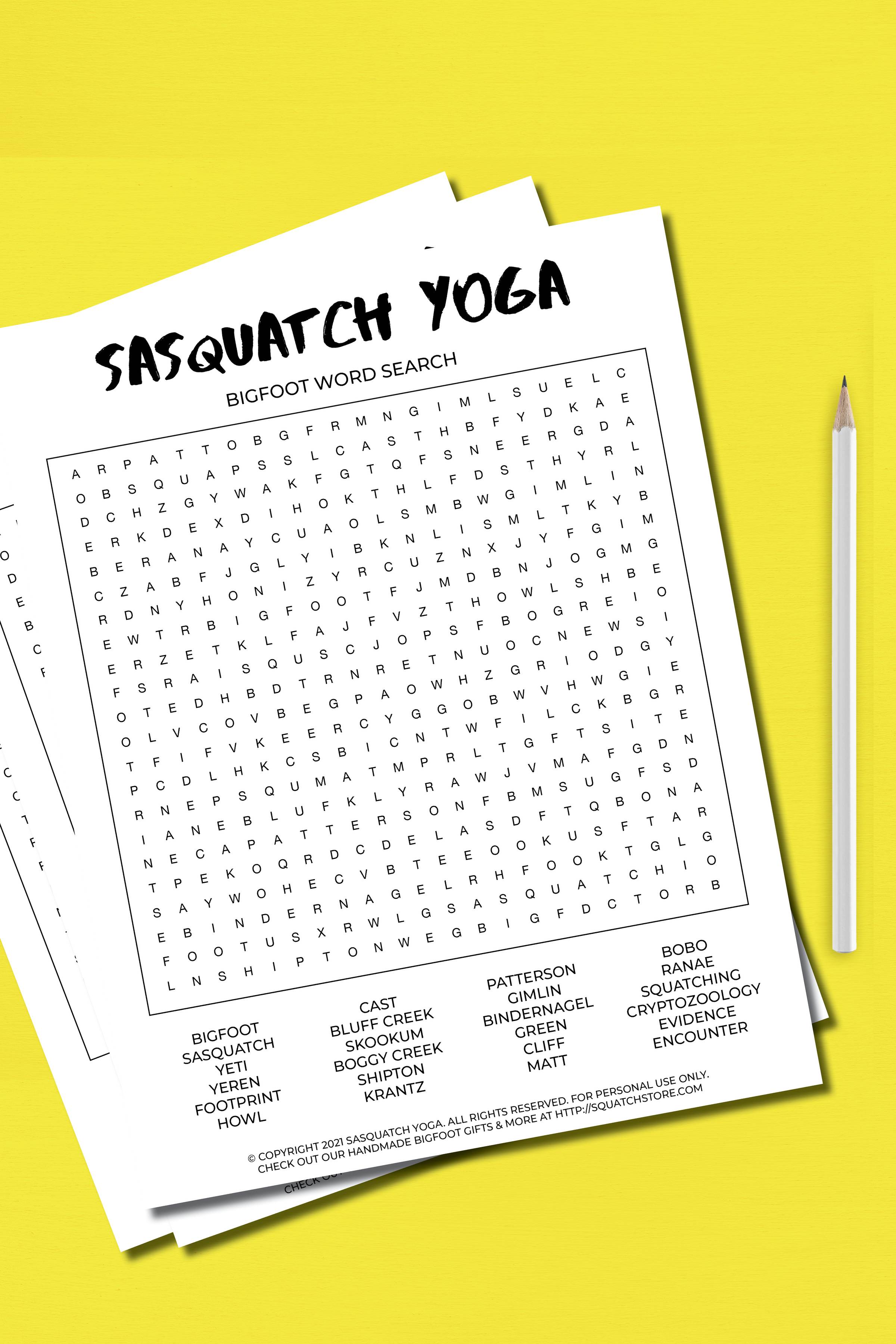 Bigfoot Word Search Free Download - Sasquatch Yoga - squatchstore.com