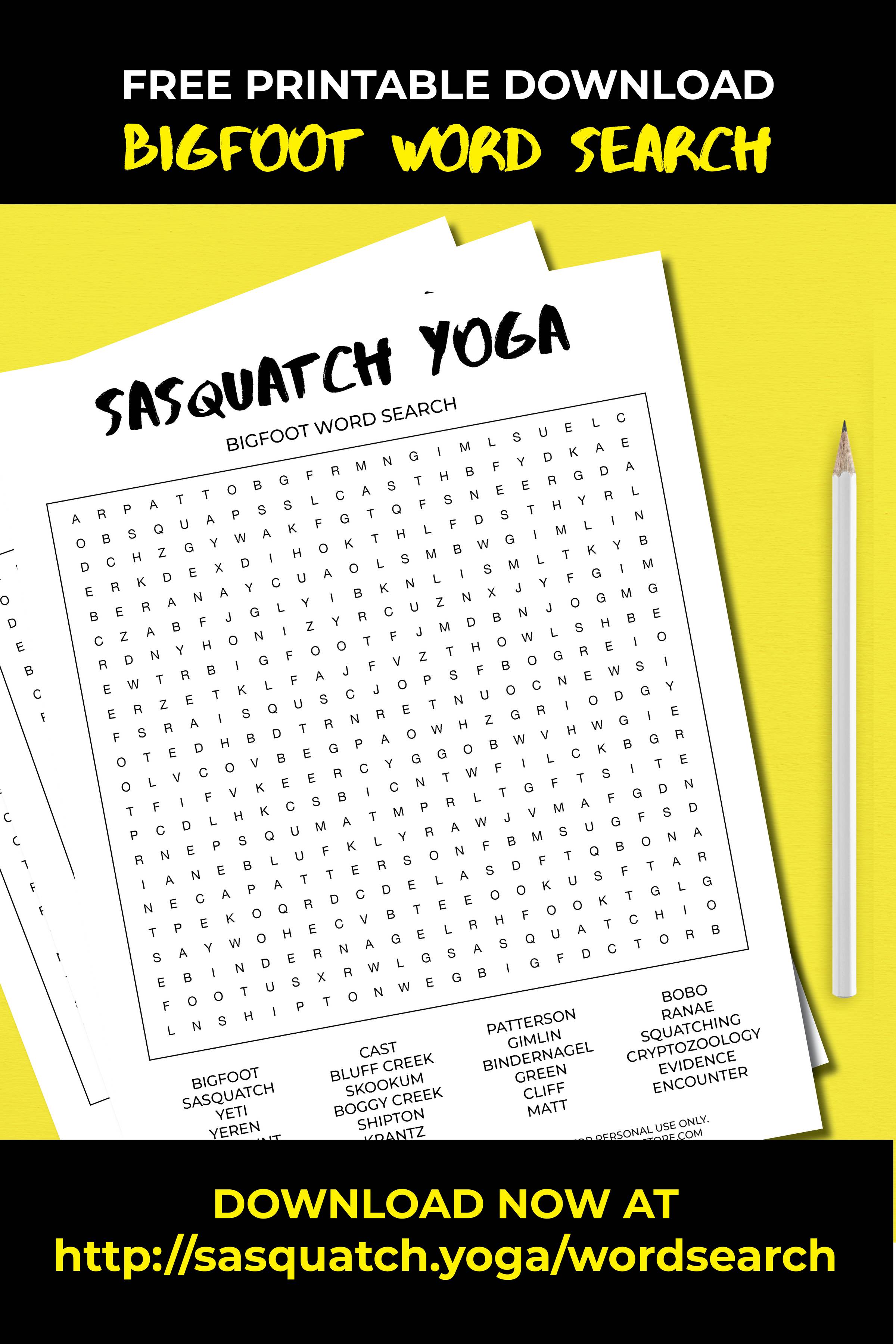 Bigfoot Word Search Free Download - Sasquatch Yoga - squatchstore.com