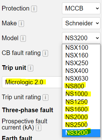 Added 800 A to 3200 A MCCBs to Cable Size Calculator