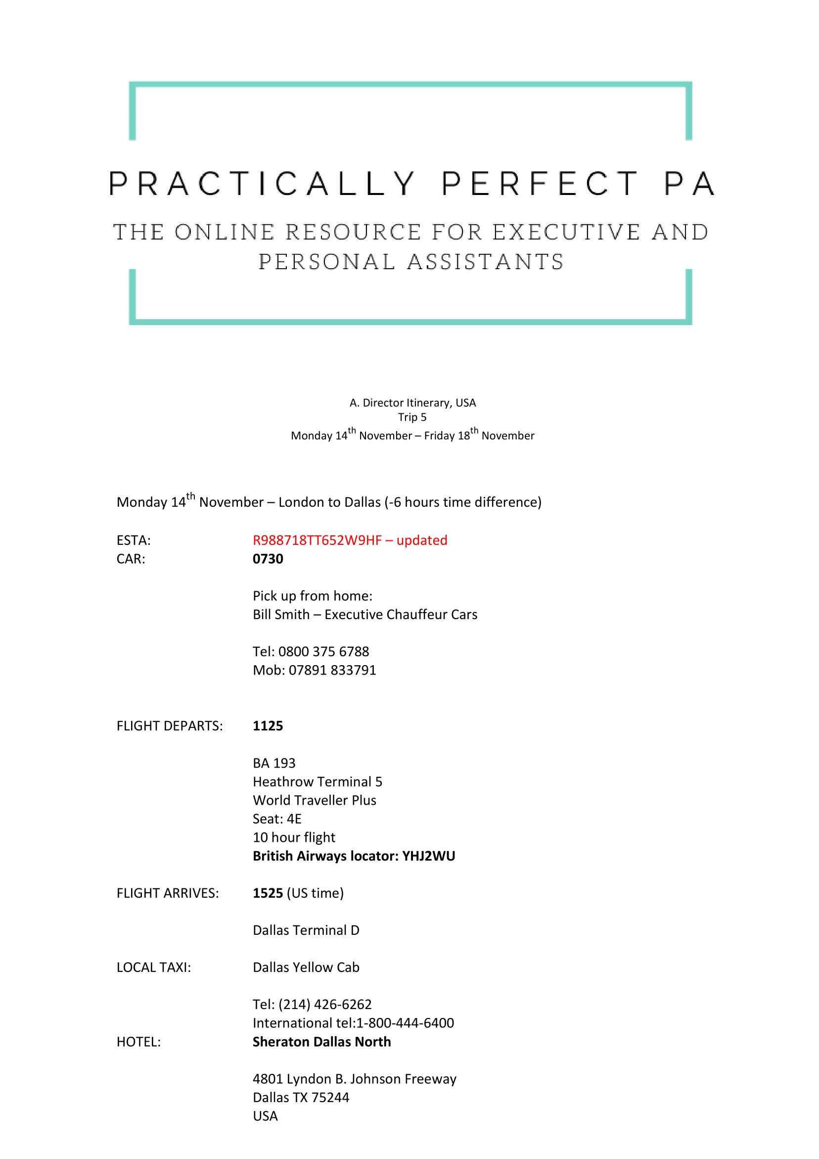 Travel Itinerary for Executive Assistants