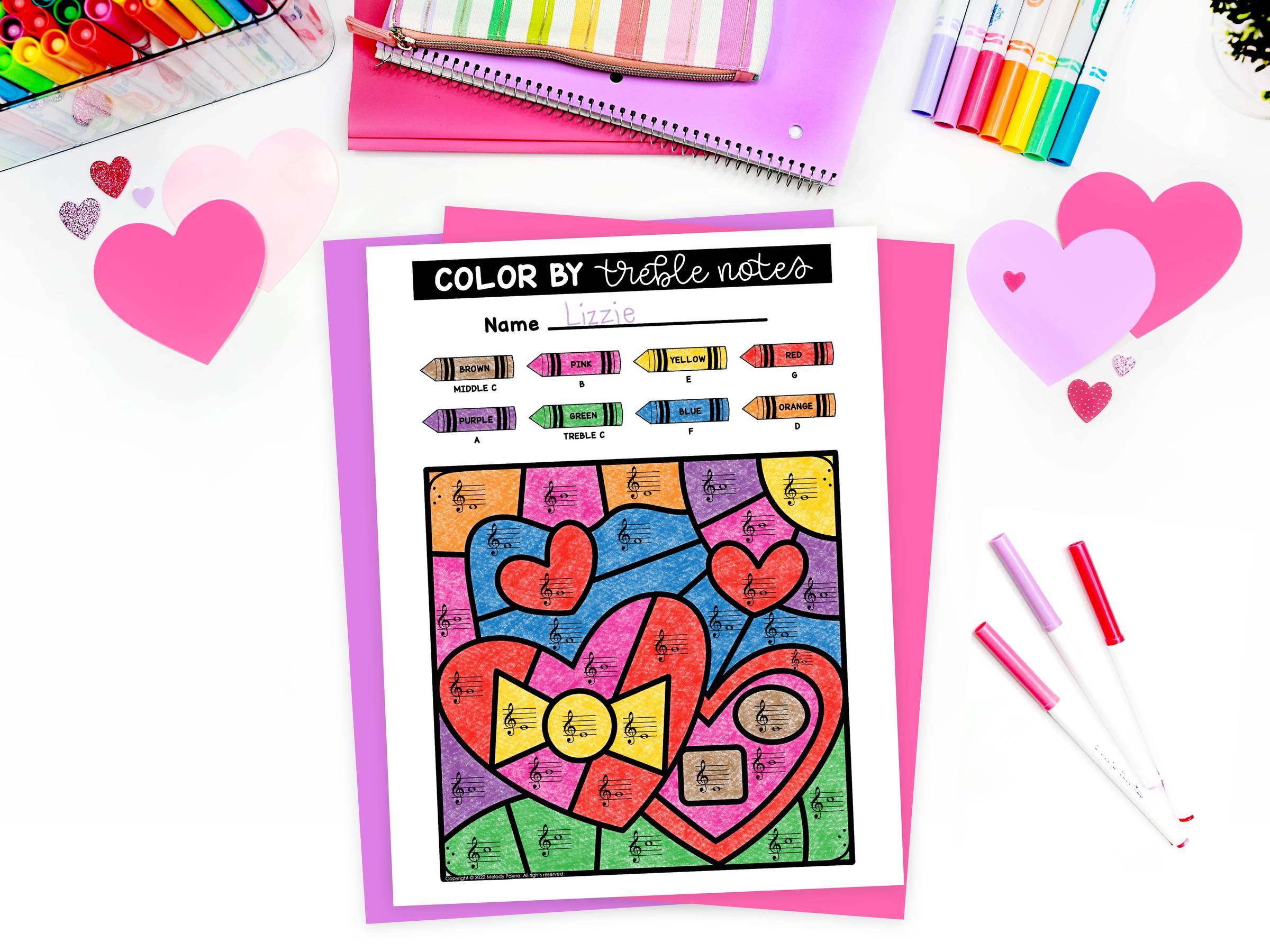 Free Color by Treble Clef Activity Page for Valentine's Day