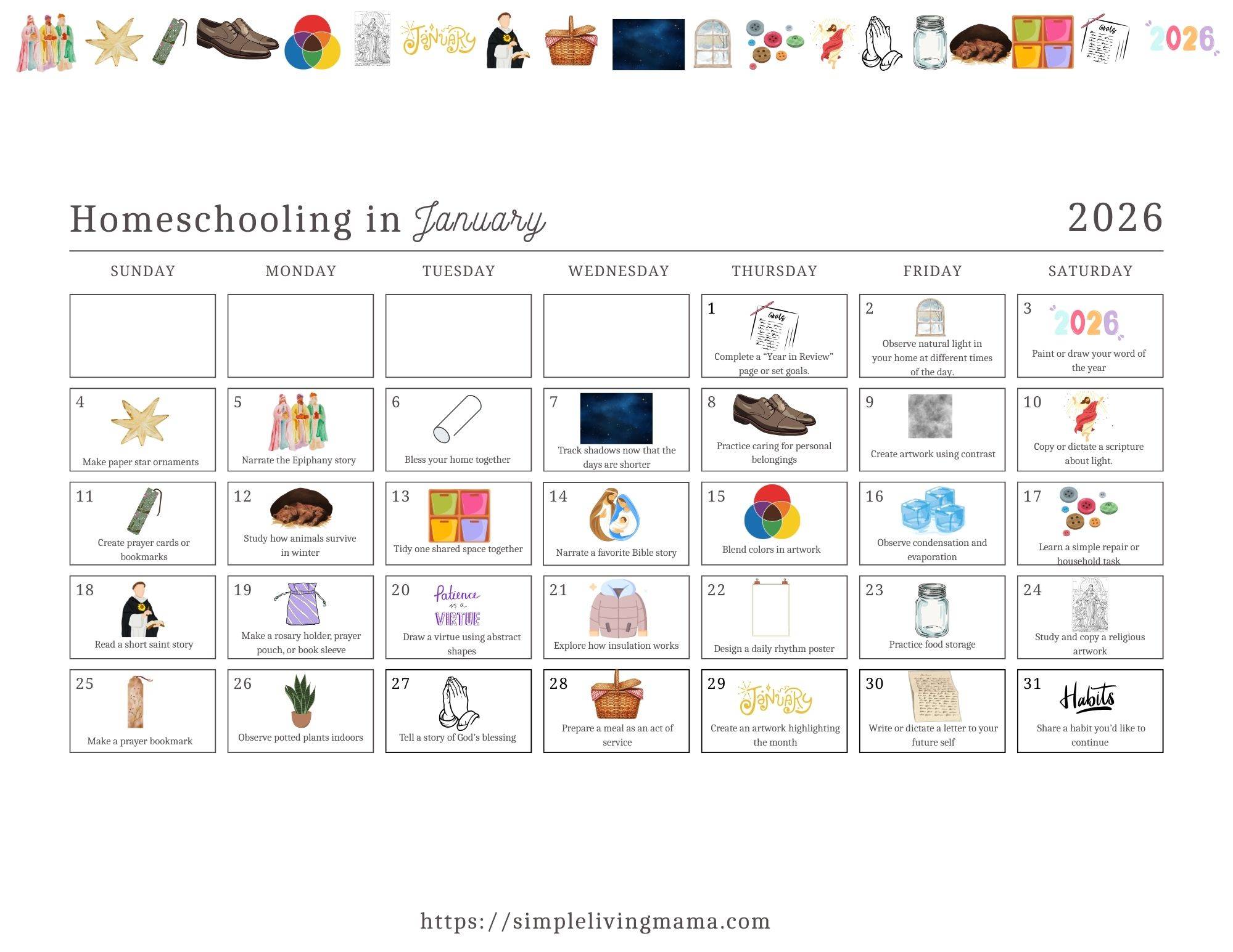 January Homeschool Activities Calendar - Simple Living Mama