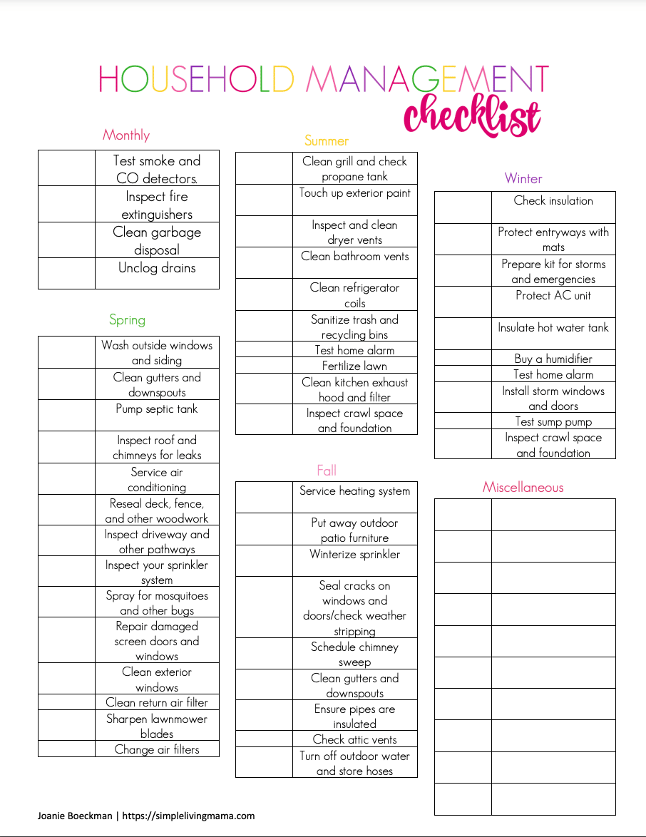 Household Management Checklist - Simple Living Mama