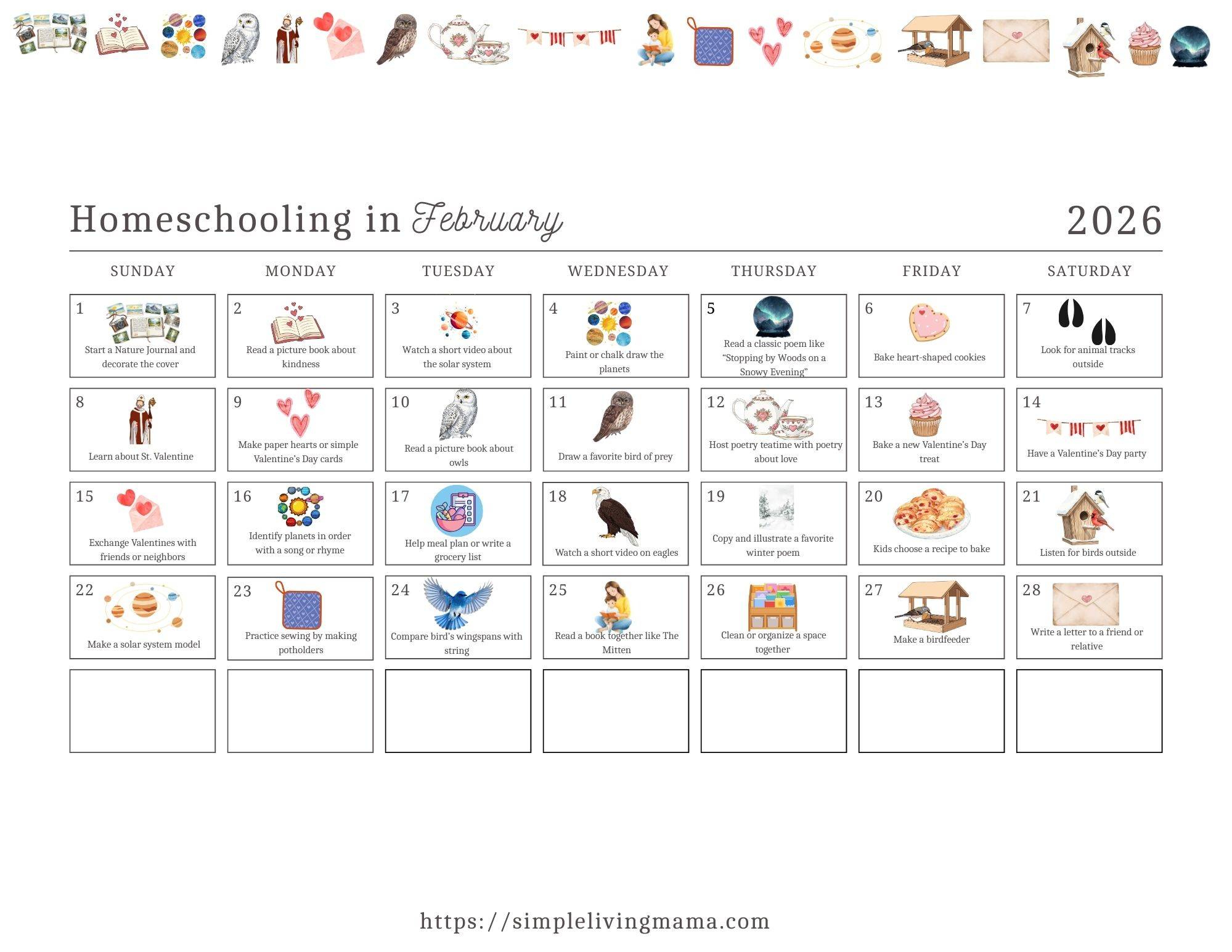 February Homeschool Activities Calendar - Simple Living Mama