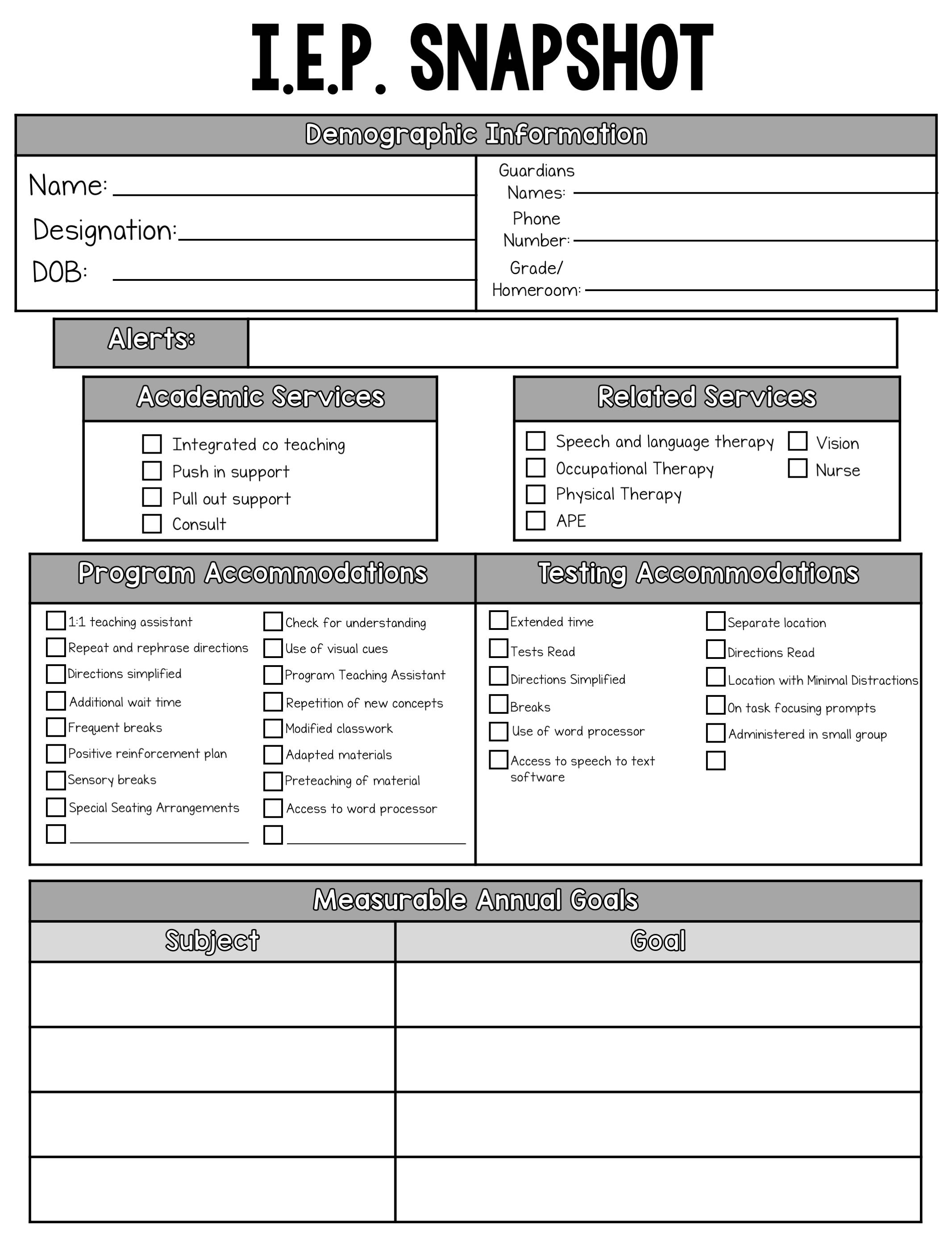 FREE Iep Snapshot Editable