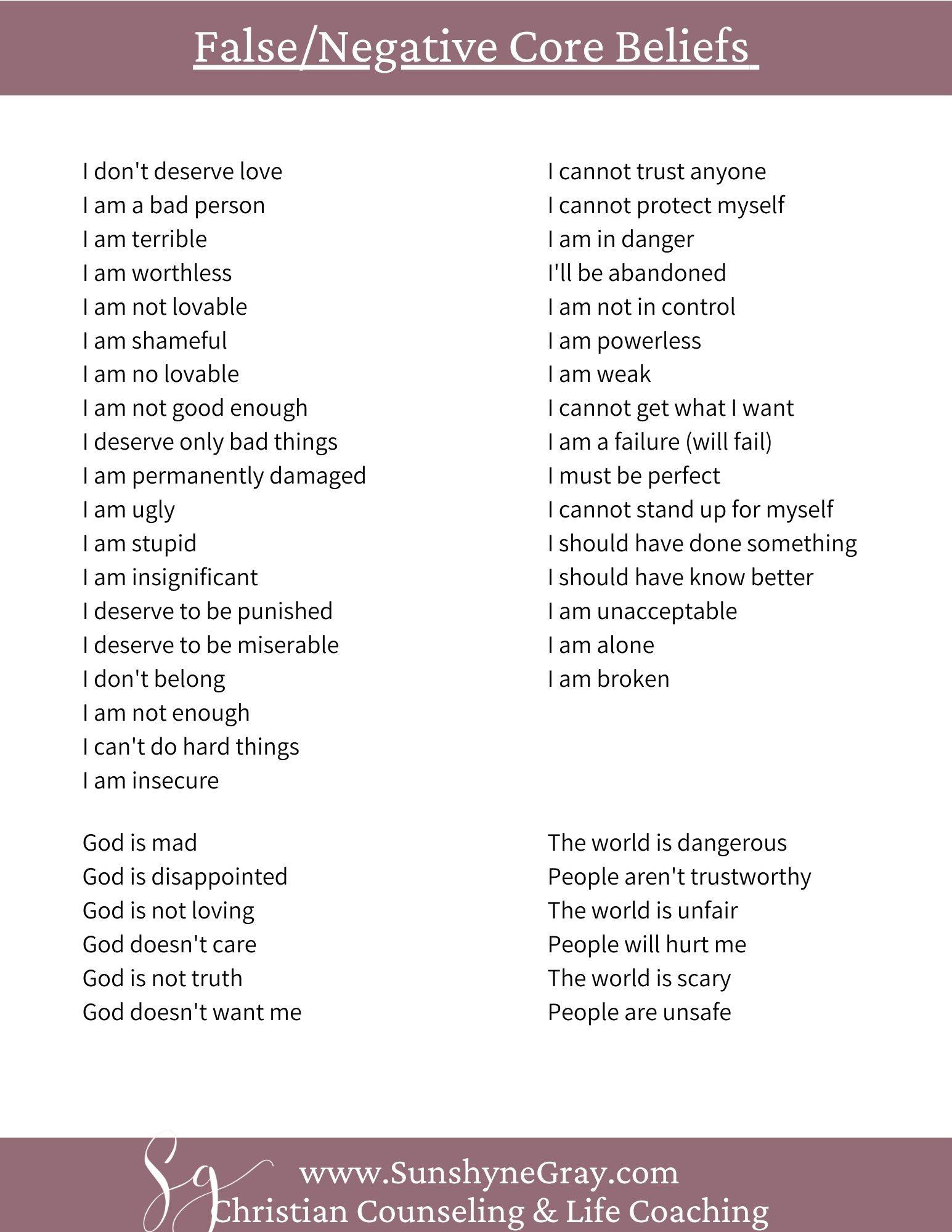 Identifying Core Beliefs Worksheet