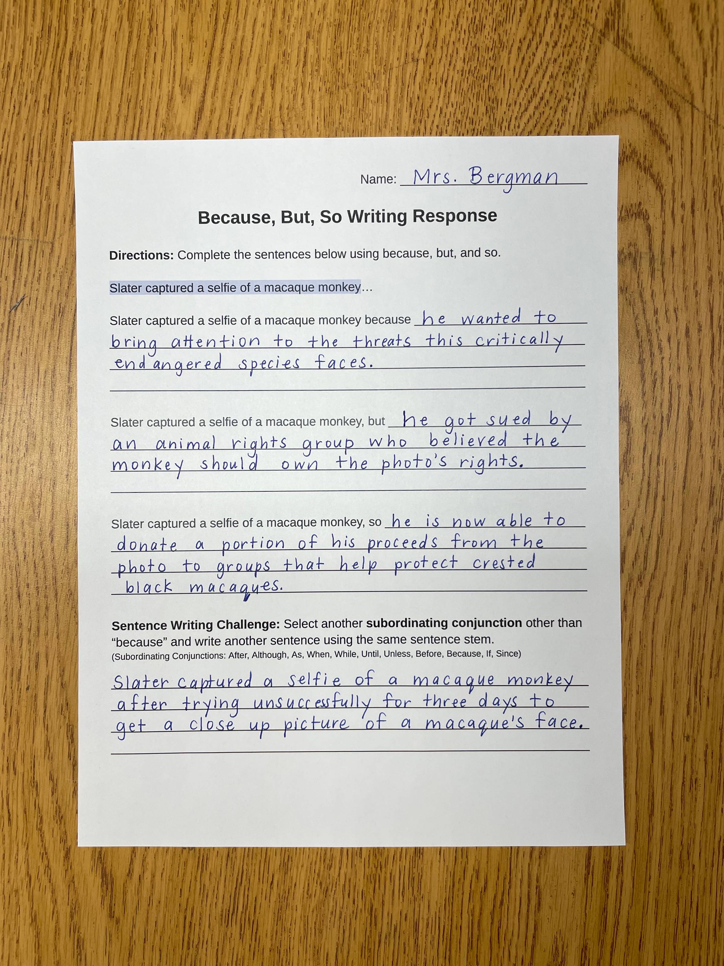 Because But So Writing Strategy Template